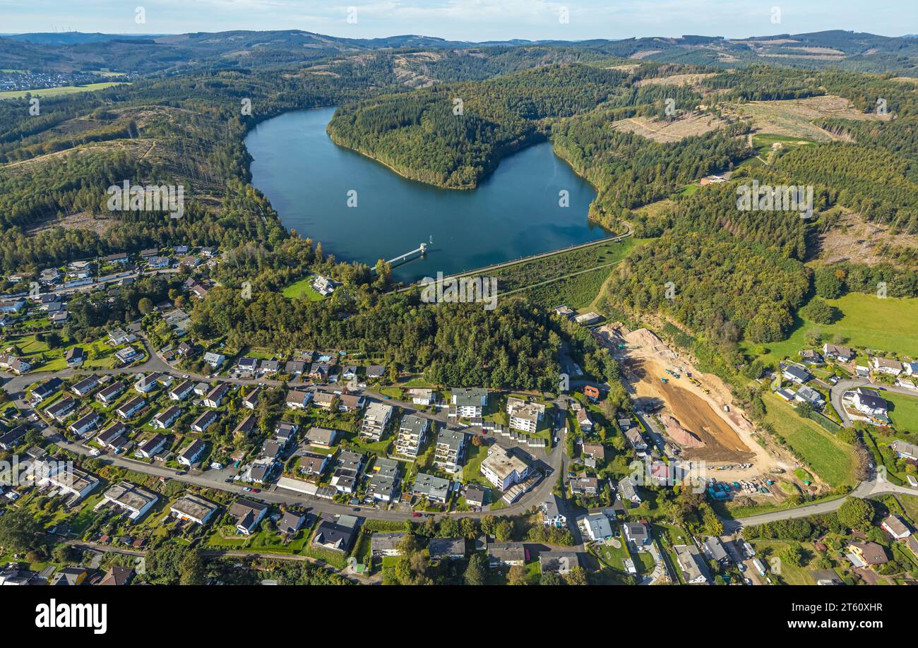 Aerial view, Breitenbachtalsperre and dam in hilly forest area ...