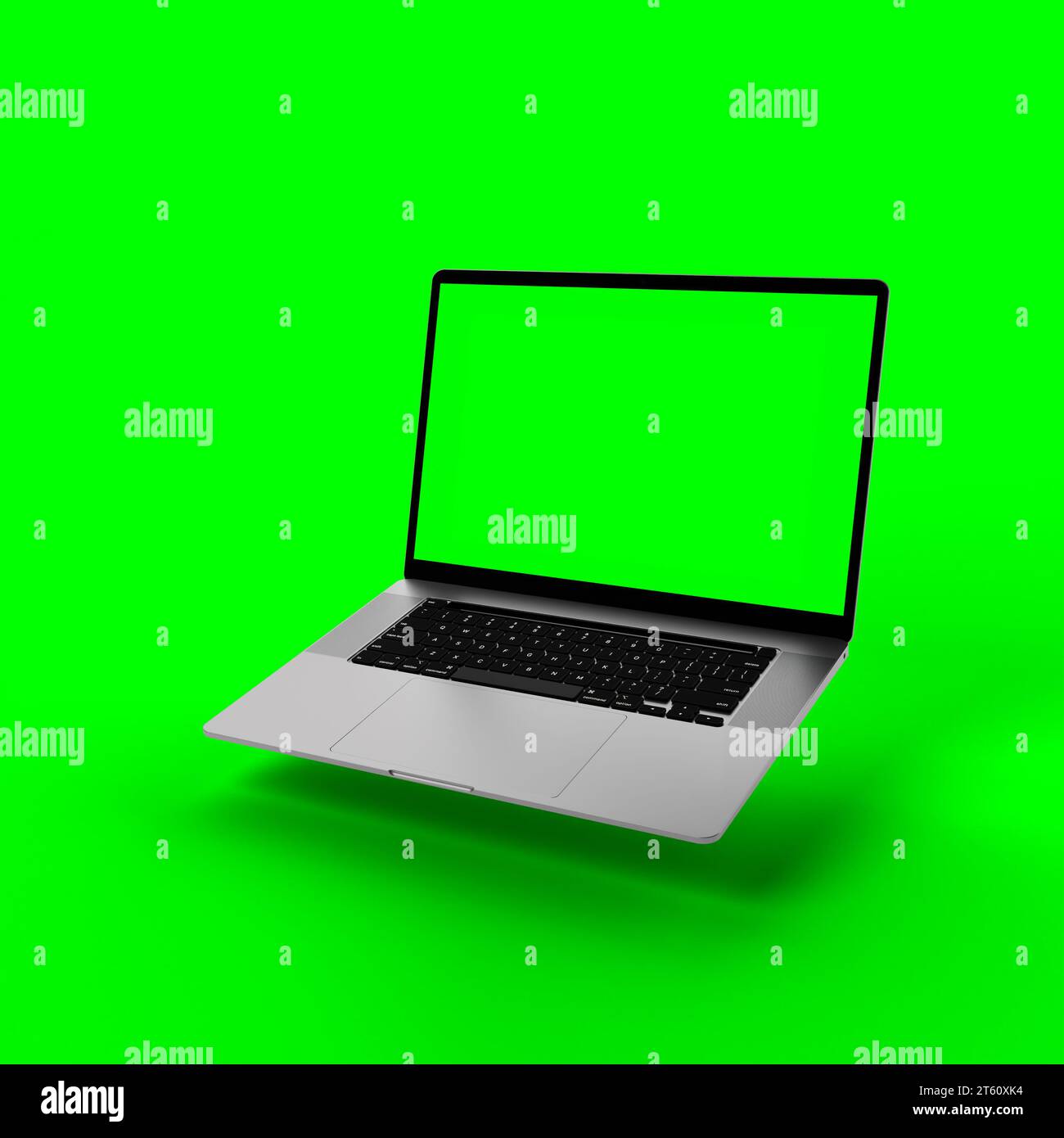 Modern laptop with green screen on display and backdrop for chroma ...
