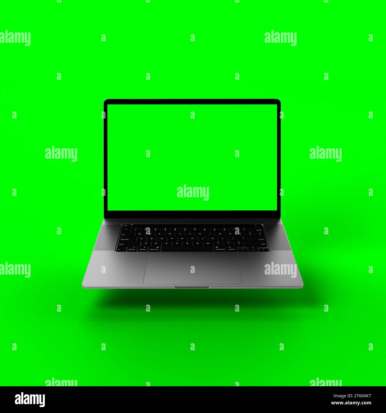 Modern laptop with green screen on display and backdrop for chroma ...