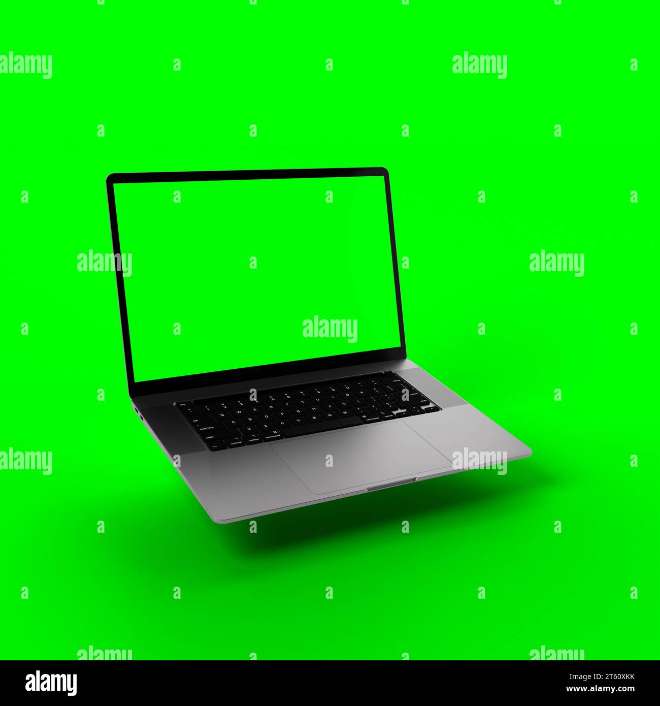 Modern laptop with green screen on display and backdrop for chroma ...
