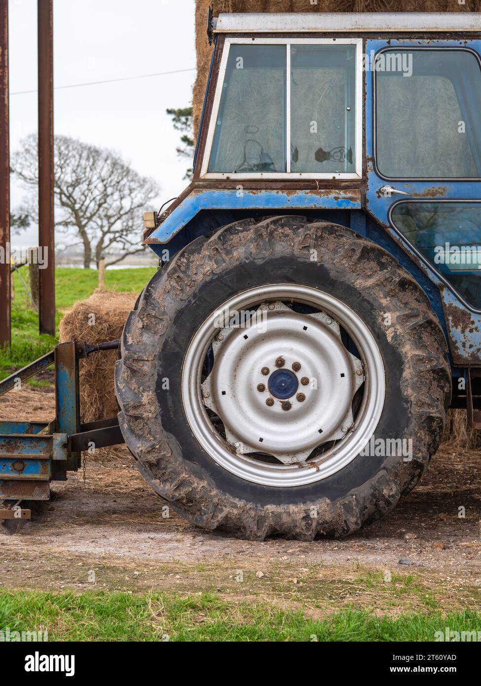 A old vintage leyland 272 tractor in blue, close up of the rear wheel ...
