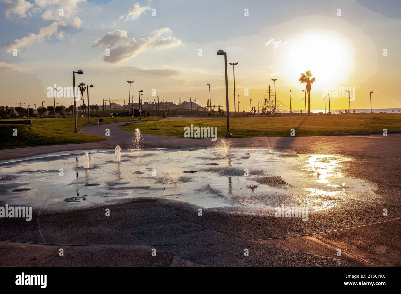 Charles Clore park (?) with fountain in Tel Aviv -sunset time ...