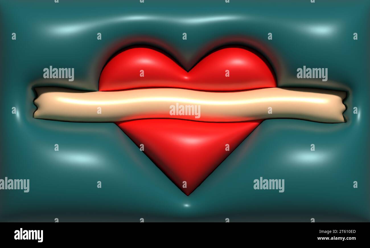 Red heart glued with a beige stripe on a green background, 3D rendering ...