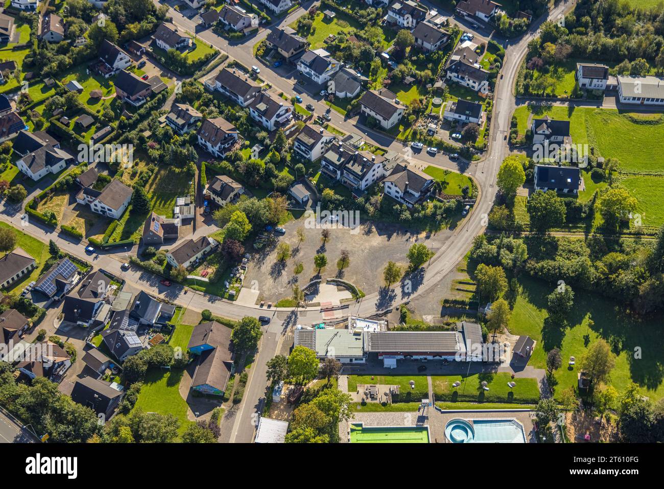 Aerial view, parking lot outdoor swimming pool Unterdorfstraße in the ...