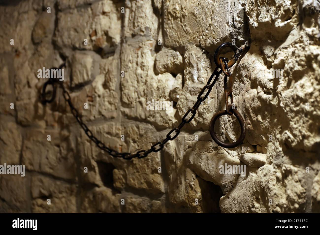 Slavery and bondage strong steel old shackles on stone wall in castle ...