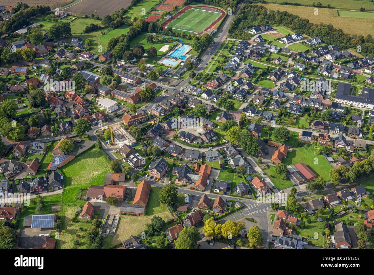 Aerial view, sports field TuS Sythen from 1923, outdoor swimming pool ...