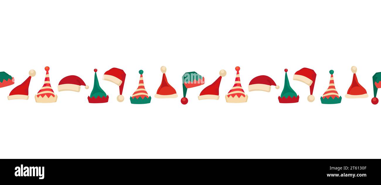Christmas Santa, Elf hats fancy seamless border vector pattern. Cute ...