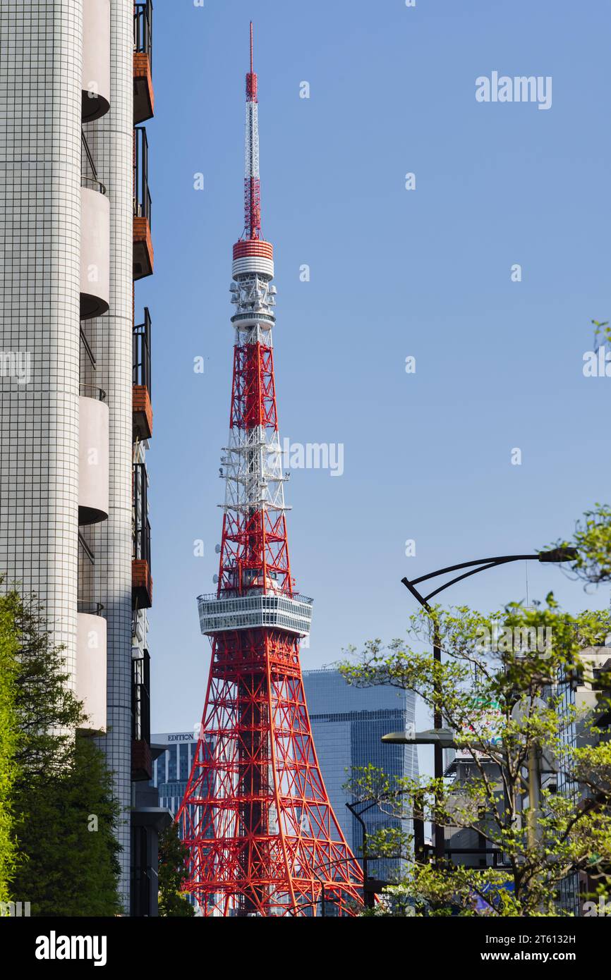 Tokyo, Japan - April 09, 2023: street view with Tokyo Tower in Minato ...