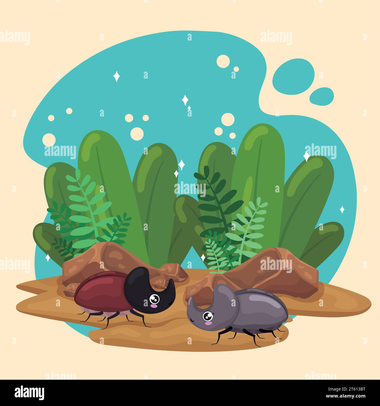 Cute beetle insect characters on the ground with leaves Vector Stock ...