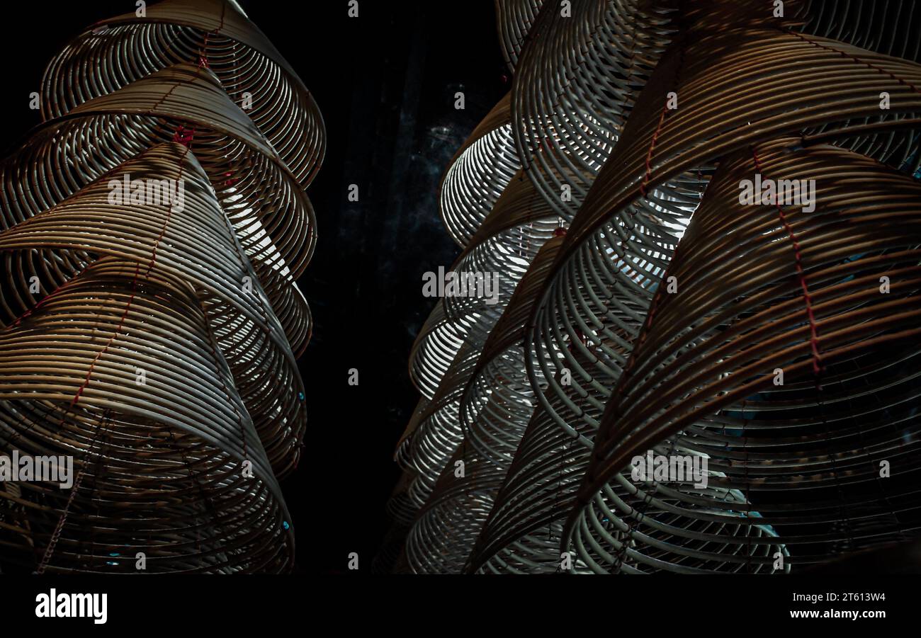 Multiple large yellow incense coils hanging in stacks from the Ceiling ...