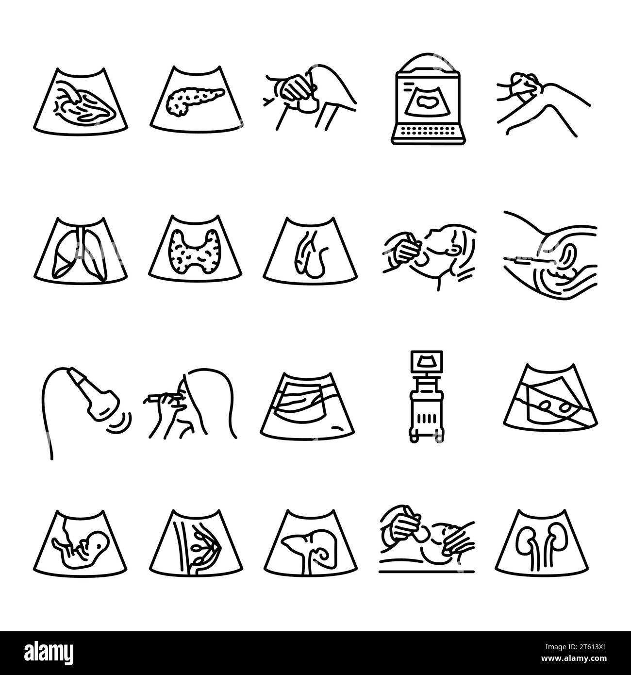 Ultrasonography line icons set. Isolated vector element. Outline pictograms for web page, mobile ...
