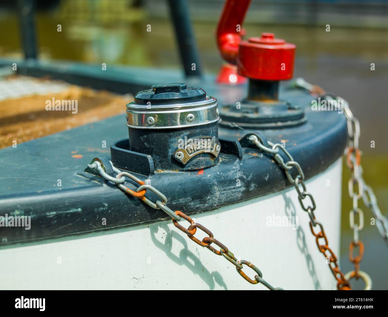 The rear of a traditional stern narrow boat, showing the diesel/fuel ...