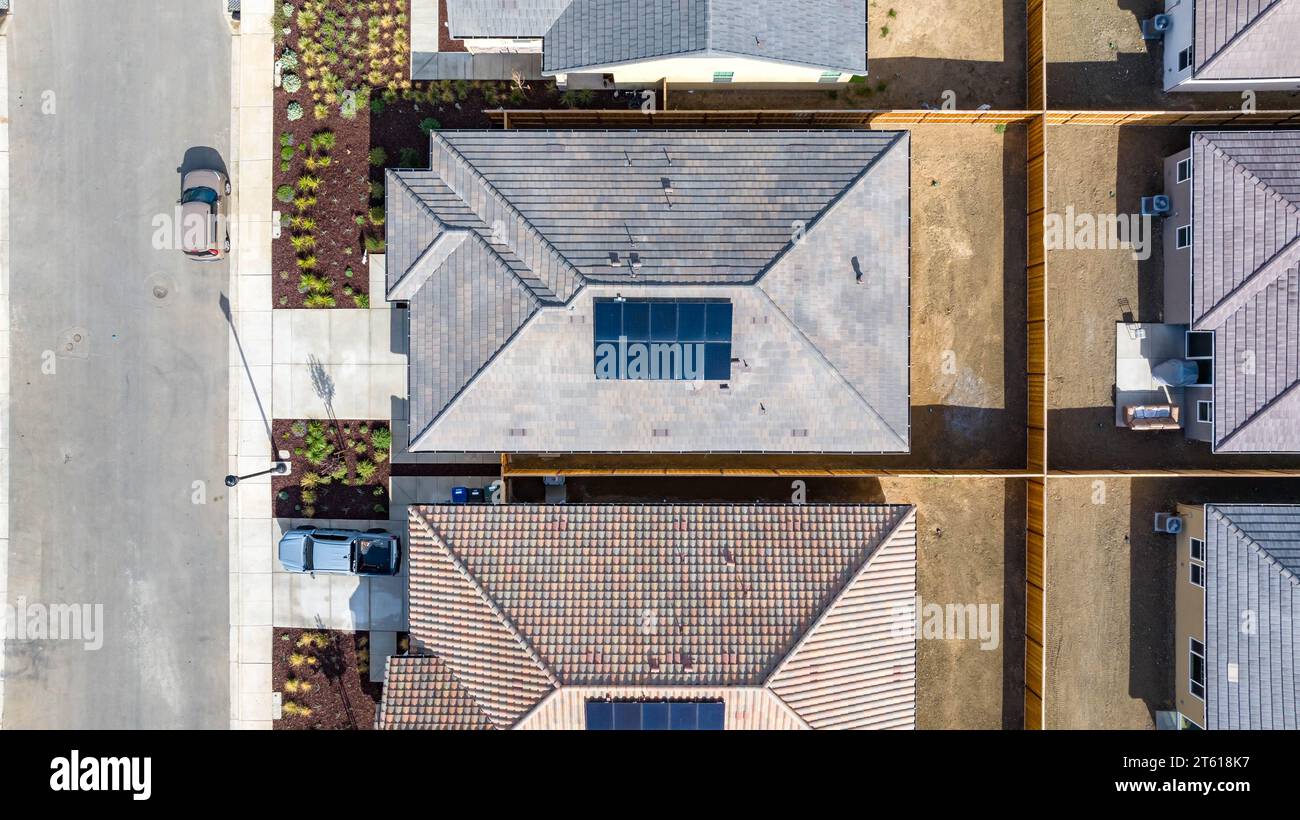 Aerial images over a housing development in Oakley, California. Houses ...