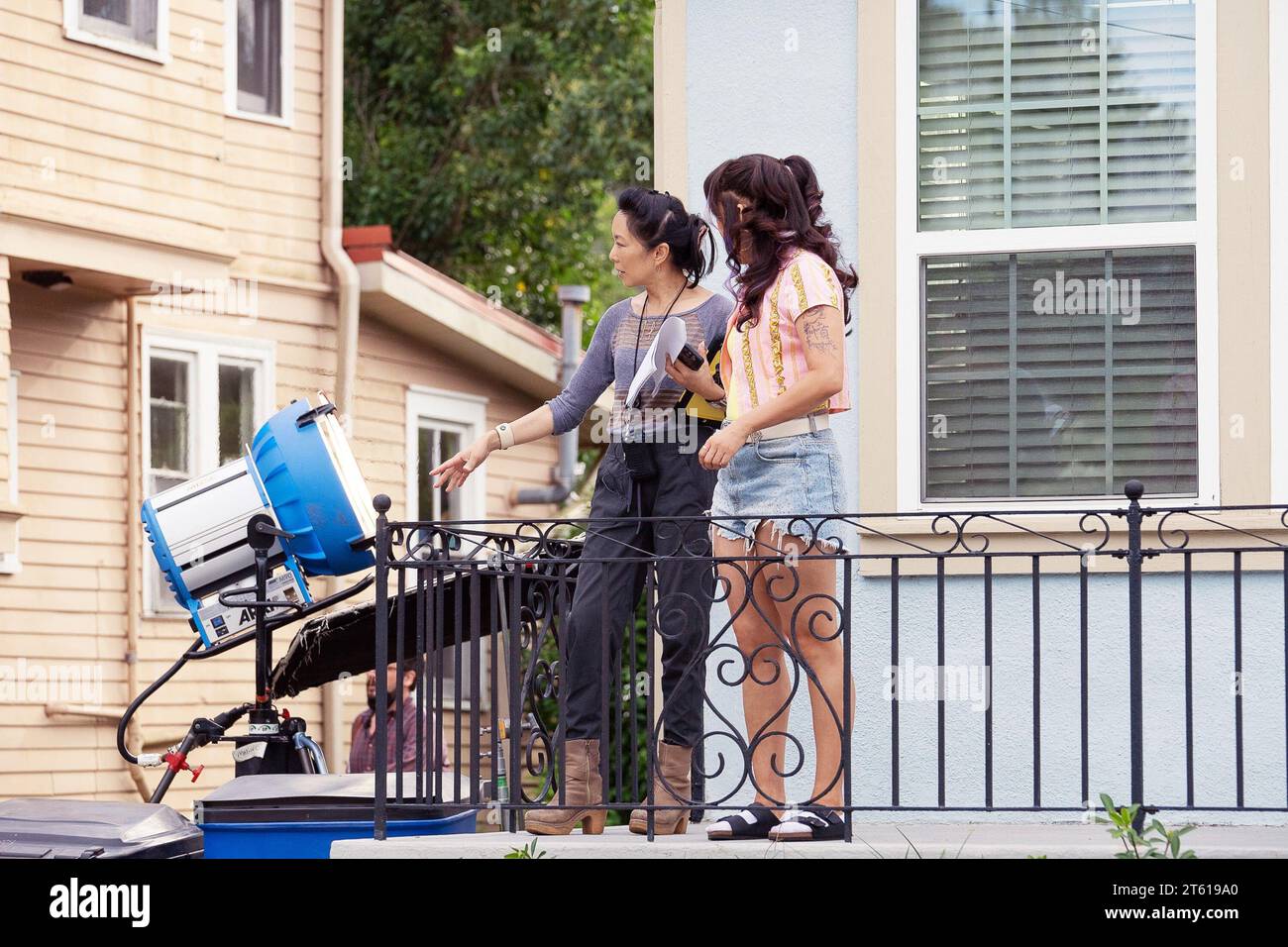 QUIZ LADY, from left: director Jessica Yu, Sandra Oh, on set, 2023. ph ...