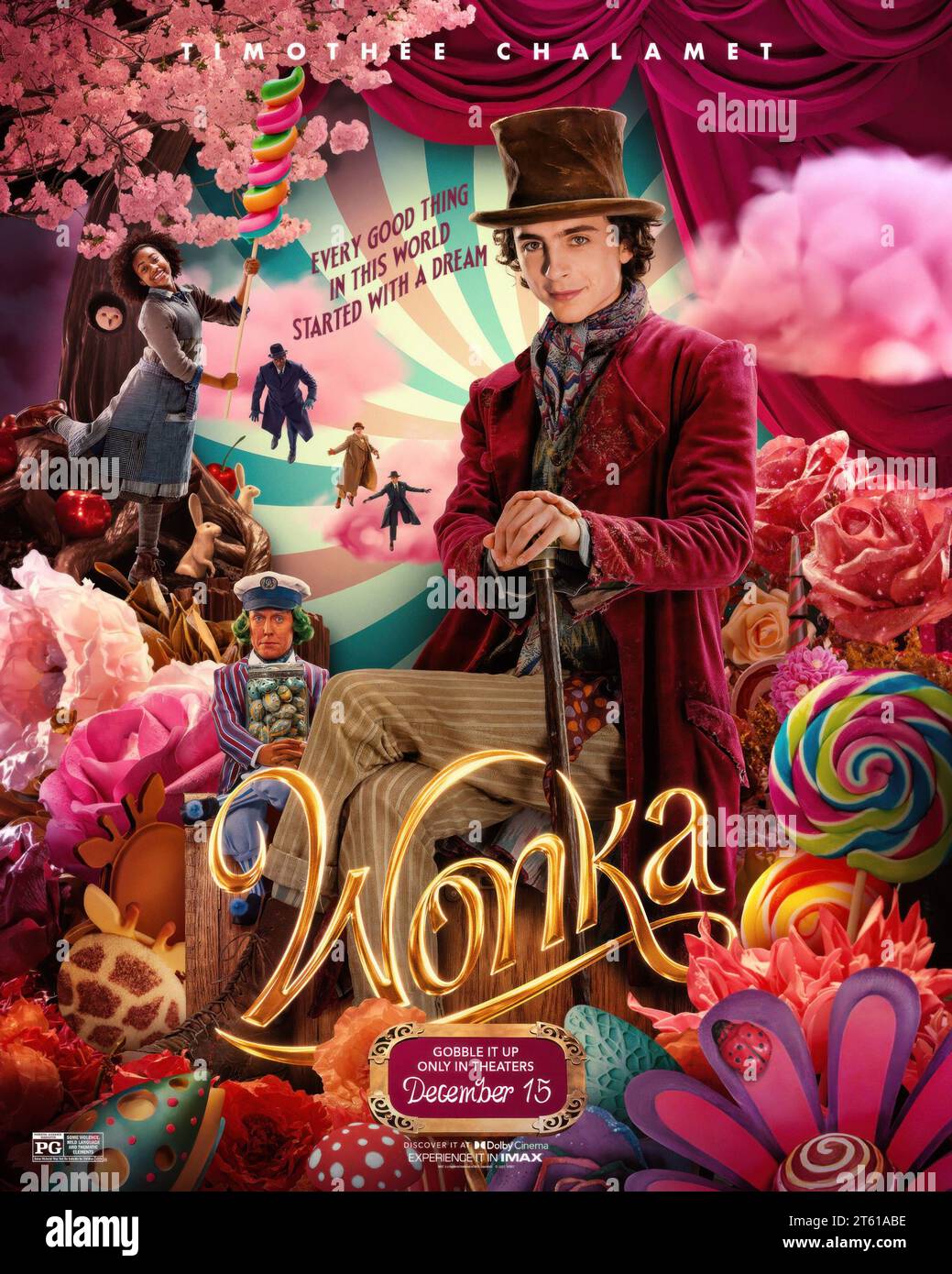 WONKA, US poster, front, from left: Calah Lane, Hugh Grant, Timothee ...