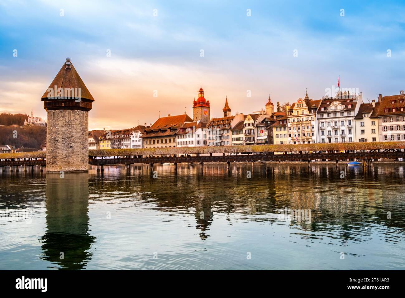 Old town of Lucerne, Switzerland at sunset in winter. Famous wooden ...