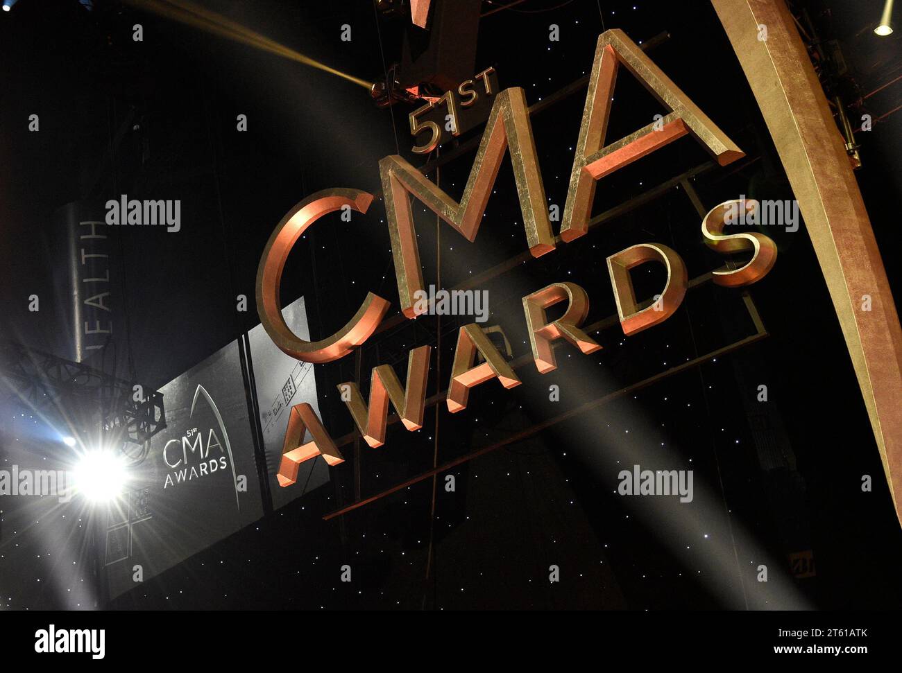 FILE - Signage for the 51st annual CMA Awards appears in lights at the ...