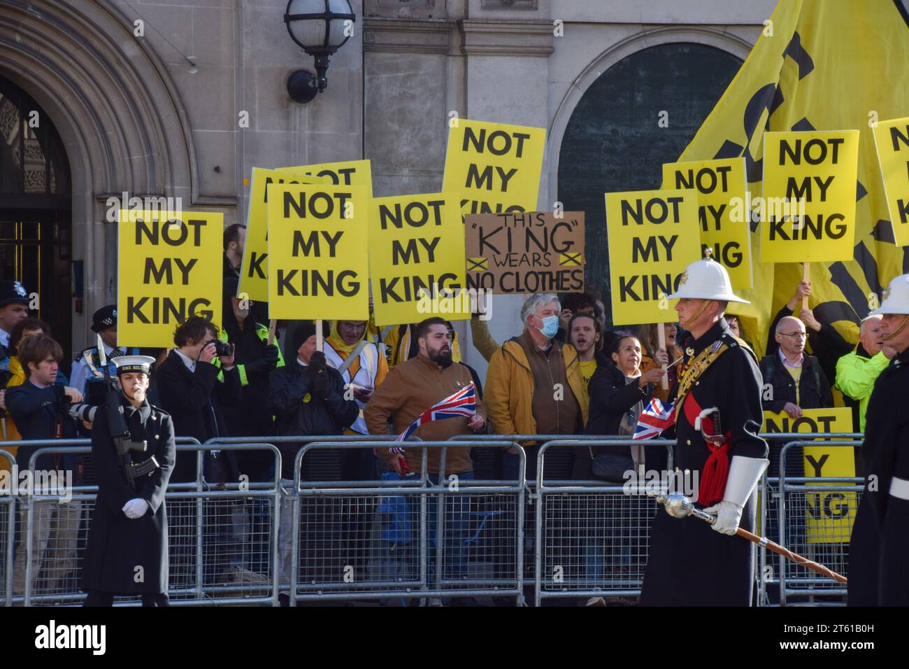 London, England, UK. 7th Nov, 2023. Protesters hold up Not My King ...
