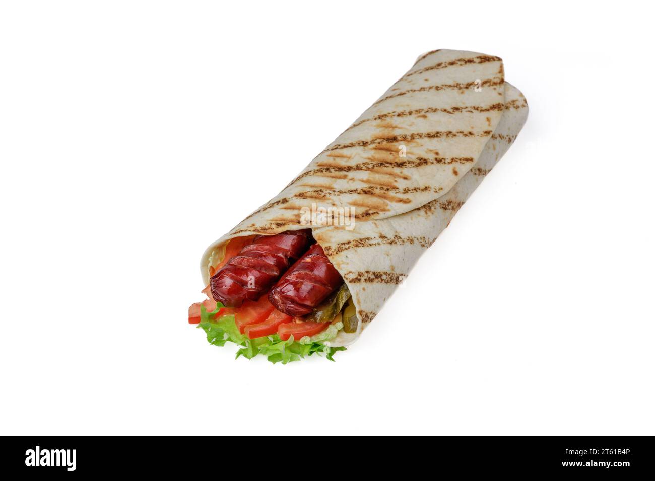 shawarma with bavarian sausage on a white background for food delivery ...