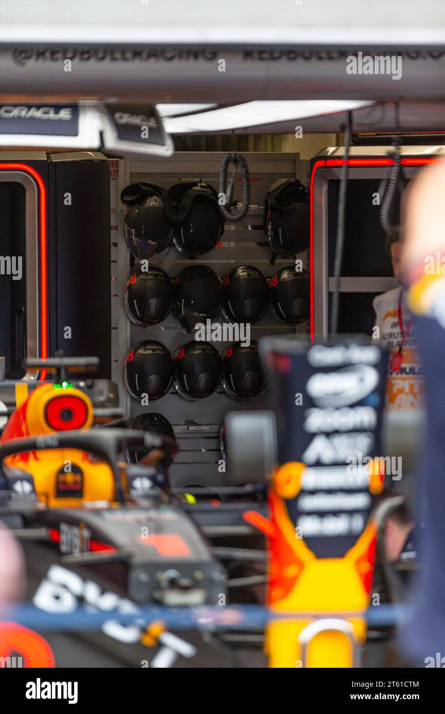 MECHANICS working on the ORACLE RED BULL RACING car at the garage as part of the 2023 F1 Sao ...