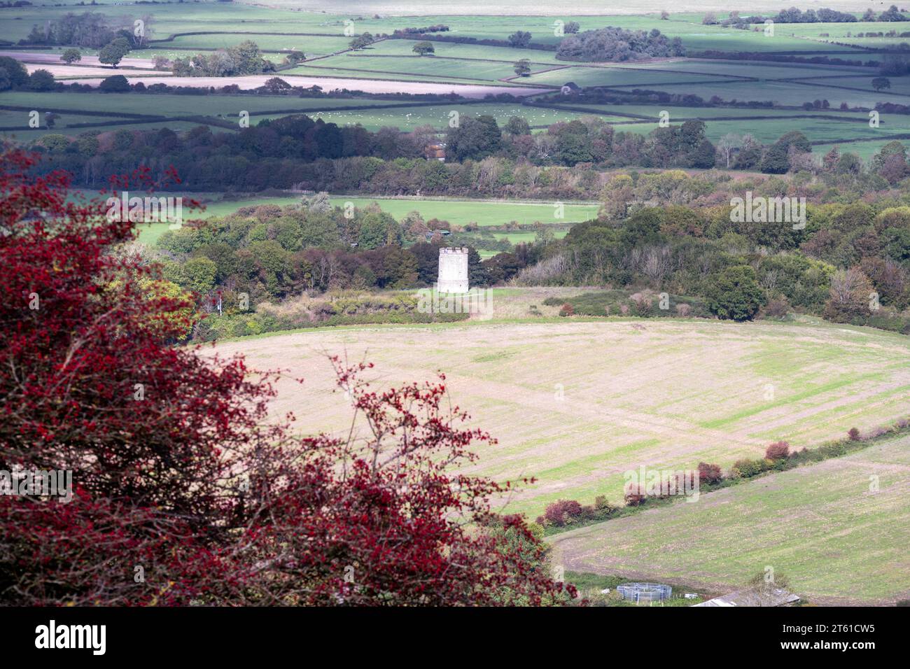 View of Firle tower and the South Downs in autumn, East Sussex, England ...