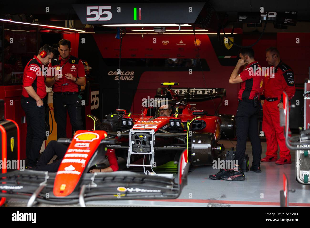 MECHANICS working on the SCUDERIA FERRARI car at the garage as part of the 2023 F1 Sao Paulo ...