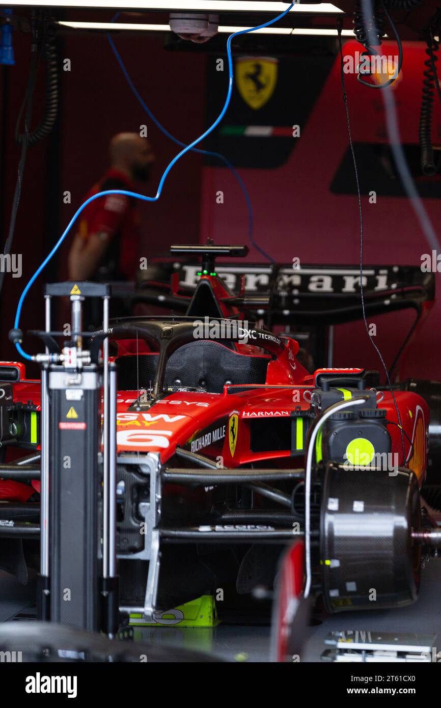 MECHANICS working on the SCUDERIA FERRARI car at the garage as part of the 2023 F1 Sao Paulo ...