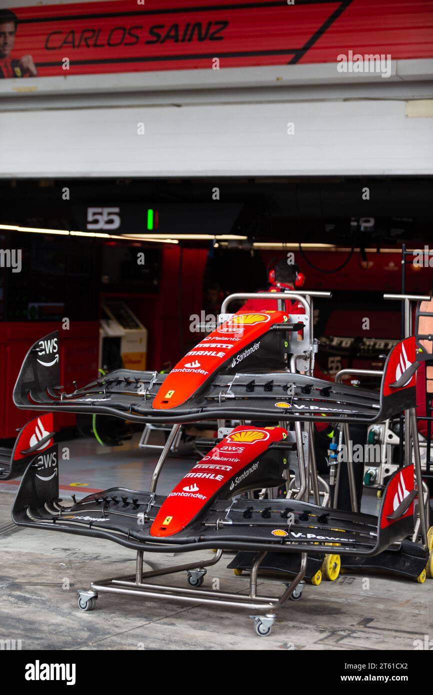 MECHANICS working on the SCUDERIA FERRARI car at the garage as part of the 2023 F1 Sao Paulo ...