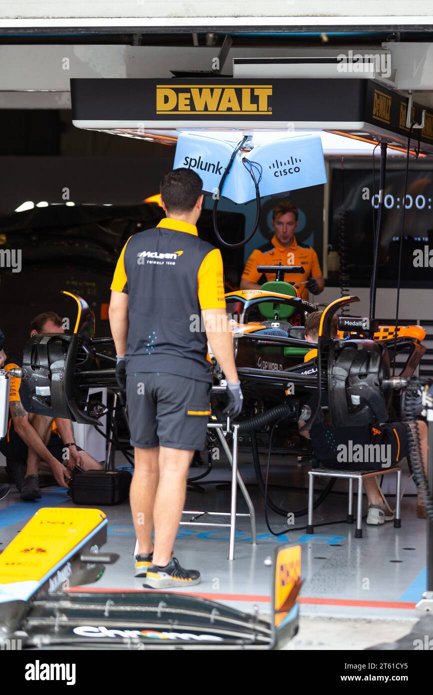 MECHANICS working on the MCLAREN FORMULA 1 TEAM car at the garage as part of the 2023 F1 Sao ...