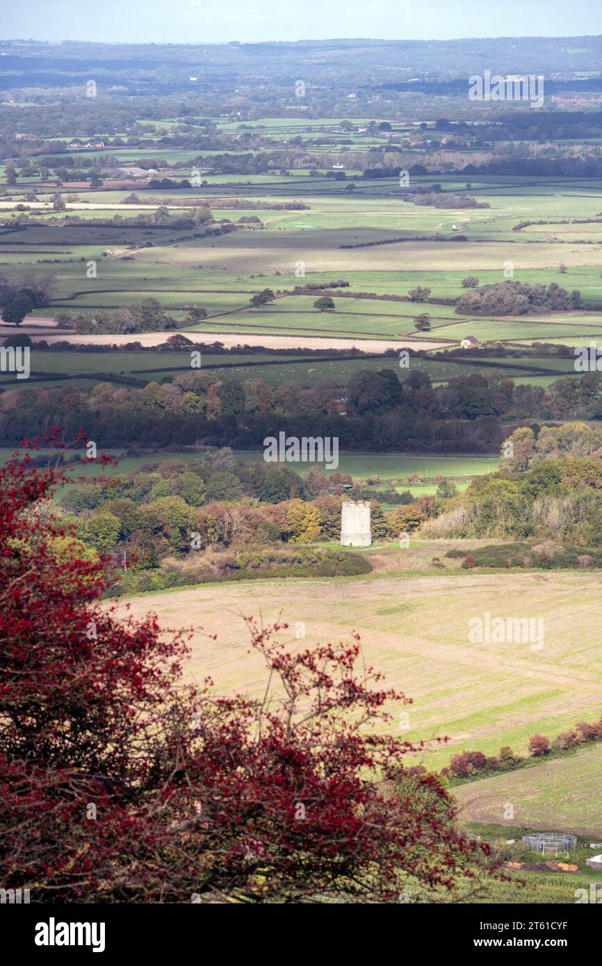 View of Firle tower and the South Downs in autumn, East Sussex, England ...