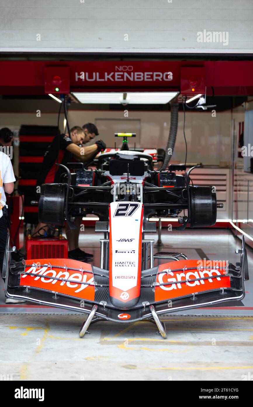 MECHANICS working on the MONEYGRAM HAAS F1 TEAM car at the garage as part of the 2023 F1 Sao ...