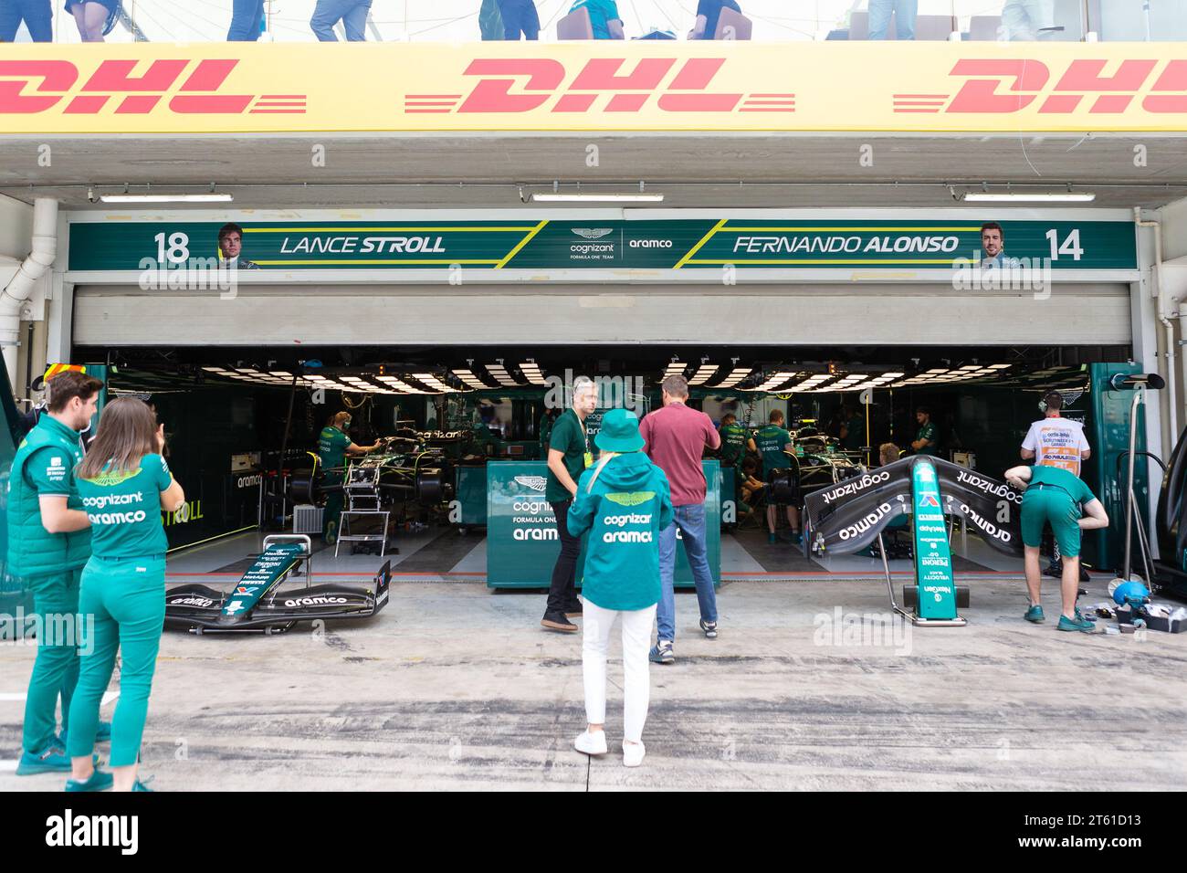 The ASTON MARTIN ARAMCO COGNIZANT F1 TEAM garage as part of the 2023 F1 Sao Paulo Grand Prix at ...