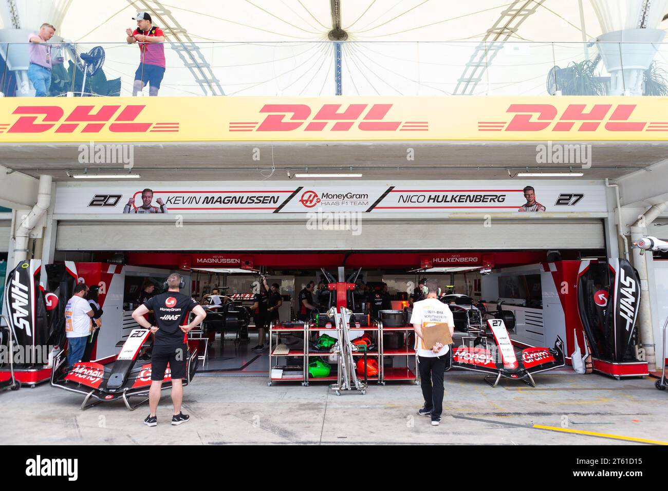 The MONEYGRAM HAAS F1 TEAM garage as part of the 2023 F1 Sao Paulo Grand Prix at Autodromo Jose ...