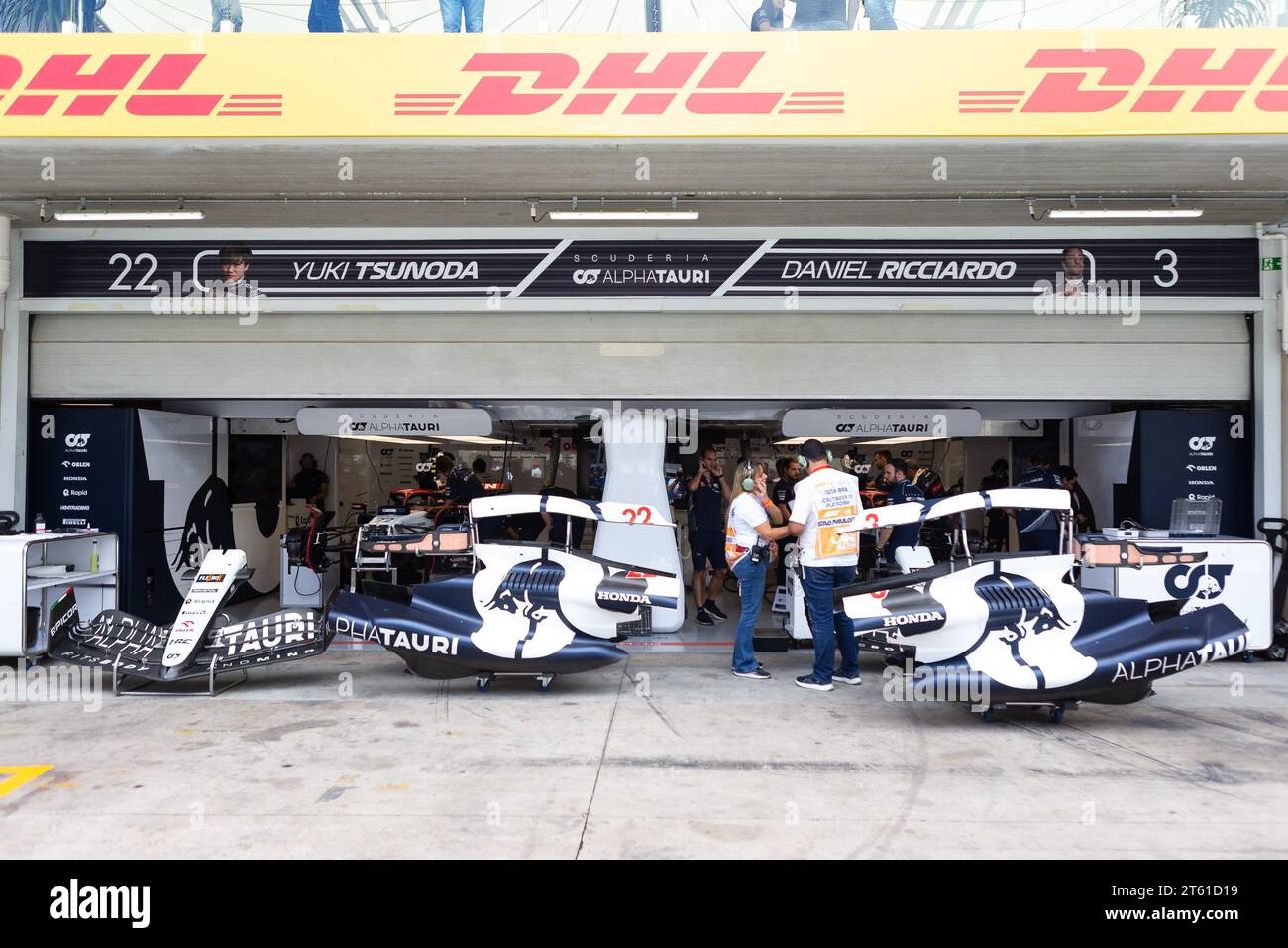The SCUDERIA ALPHATAURI garage as part of the 2023 F1 Sao Paulo Grand Prix at Autodromo Jose ...