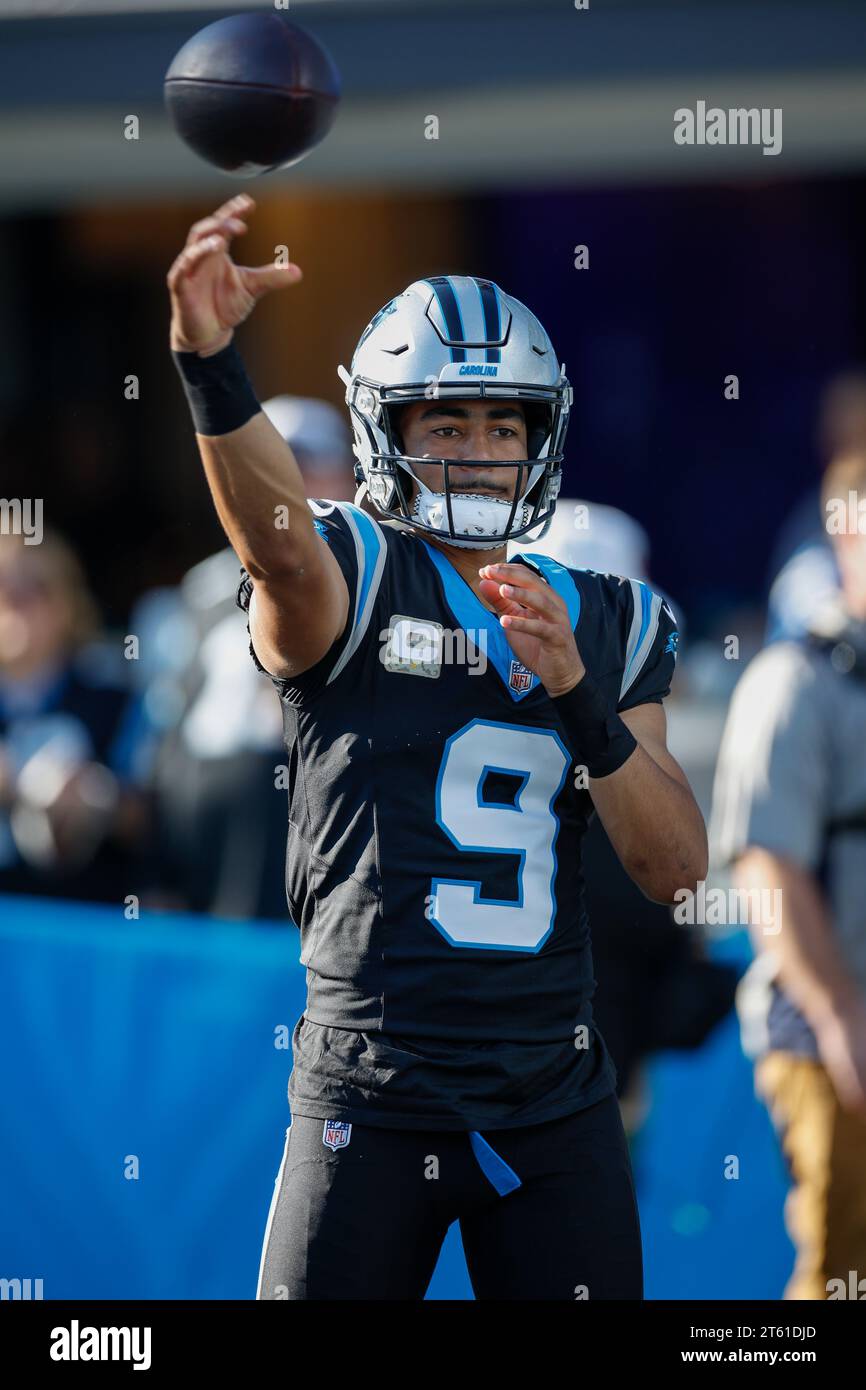 Charlotte, NC, USA: Carolina Panthers quarterback Bryce Young (9) drops ...