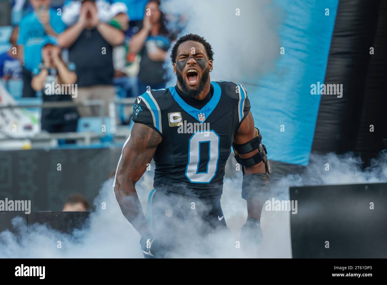 Charlotte, NC, USA: Carolina Panthers linebacker Brian Burns (0) enters the field of play as ...