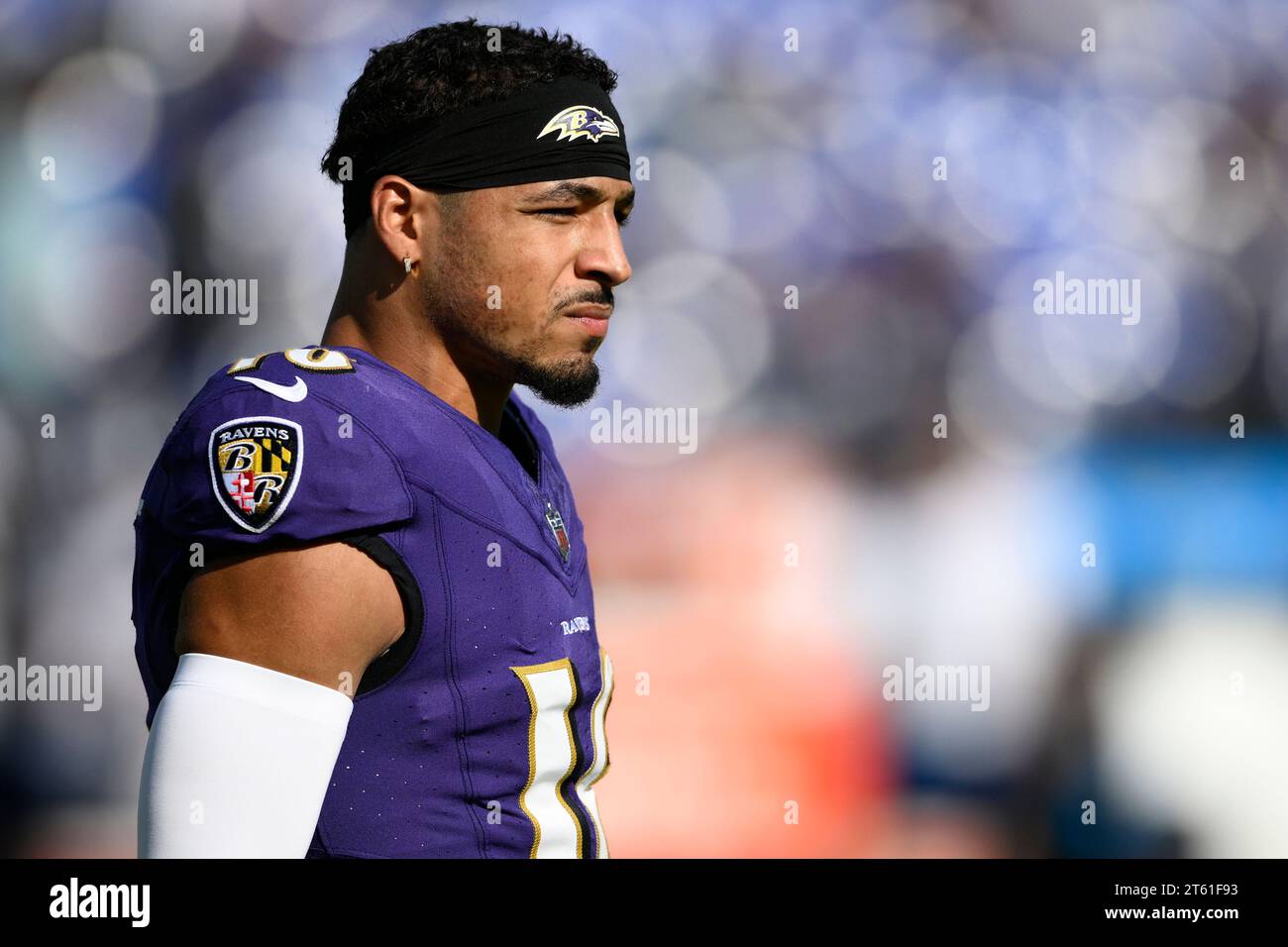 Baltimore Ravens wide receiver Tylan Wallace (16) works out before an ...