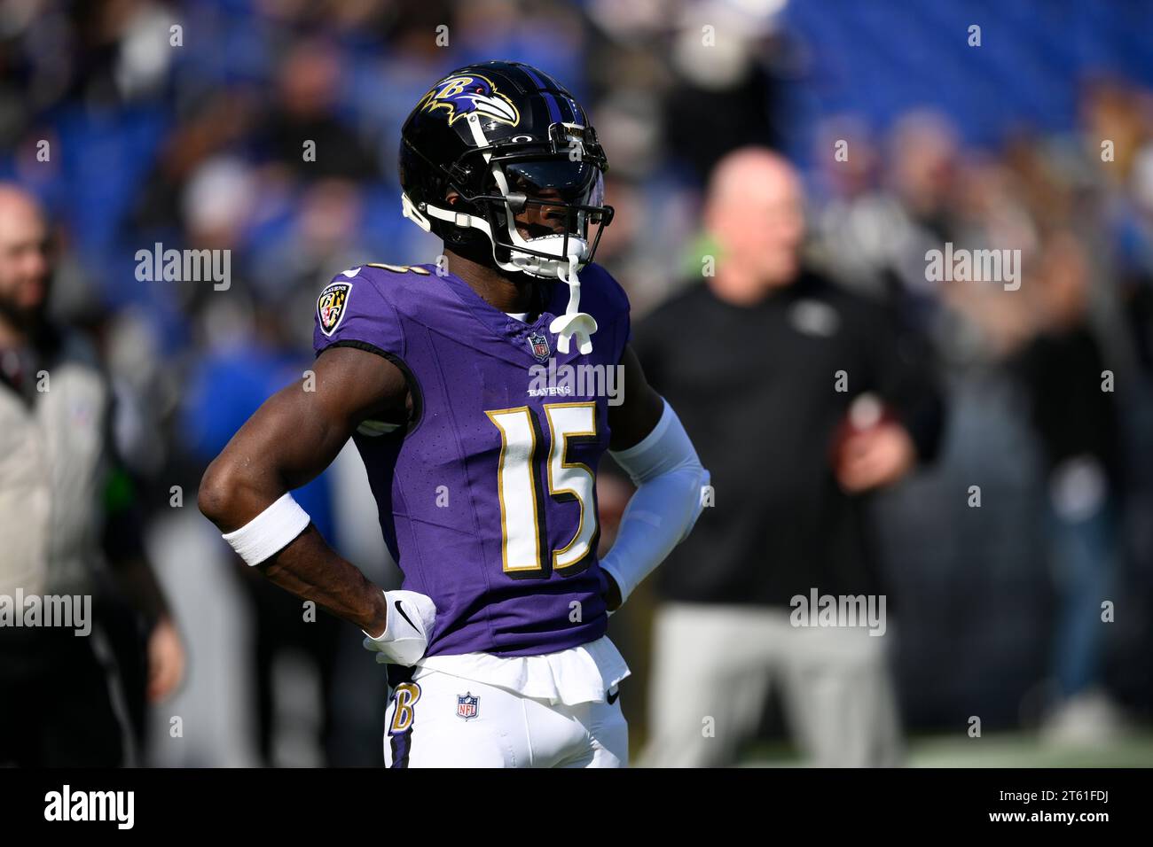 Baltimore Ravens wide receiver Nelson Agholor (15) works out before an ...