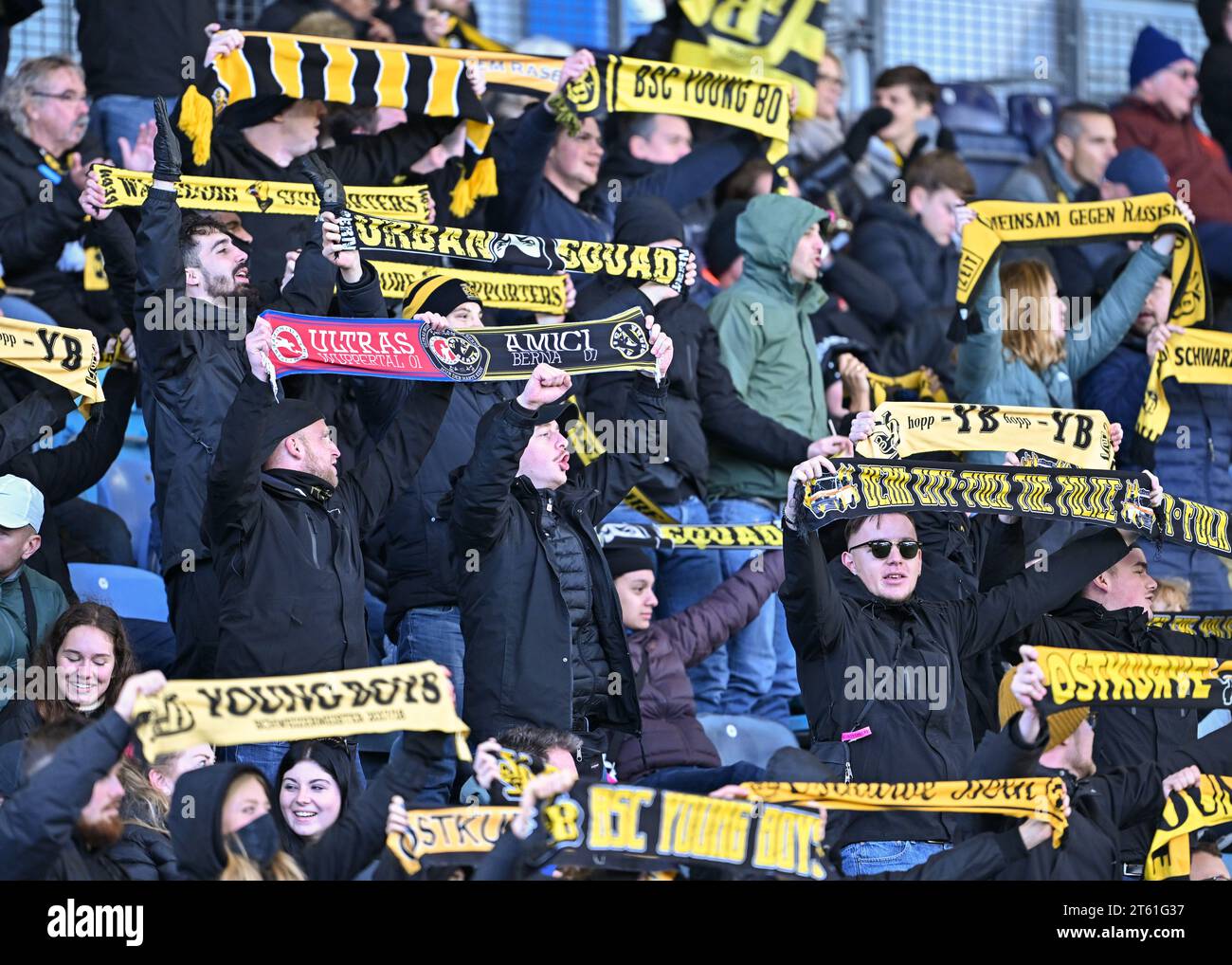 Manchester, UK. 7th November, 2023. Young Boys fans chant during the ...