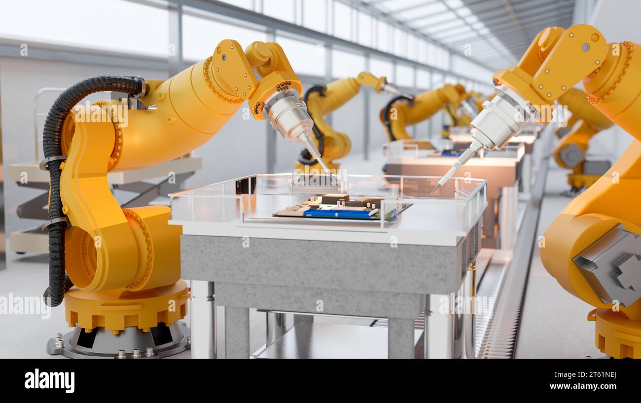 Robot Arms Are Assembling Circuit Boards On A Production Line Or Conveyor In A Modern Factory