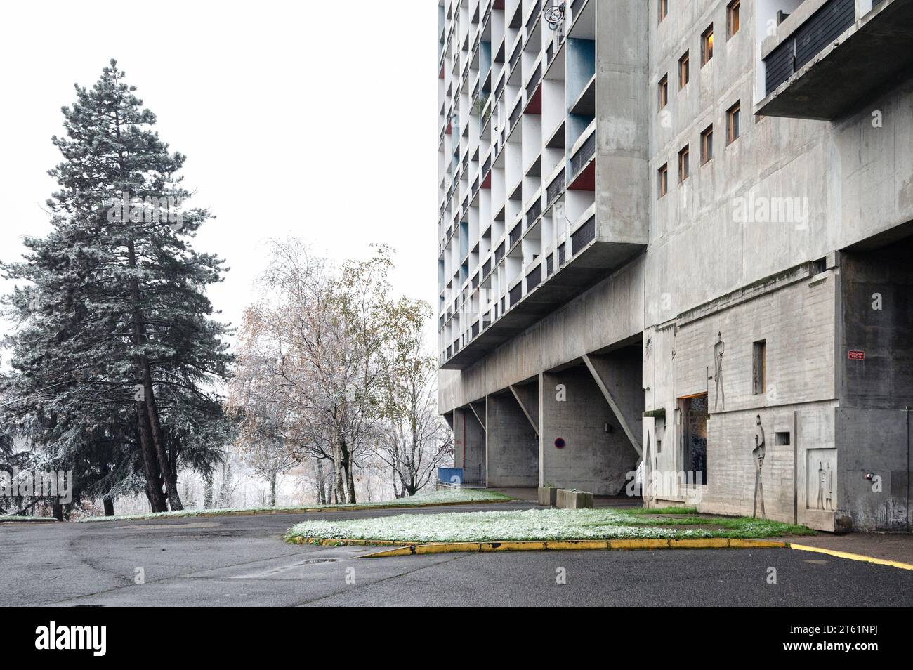 The Unite residential building blocks in Firminy, France, during snow ...