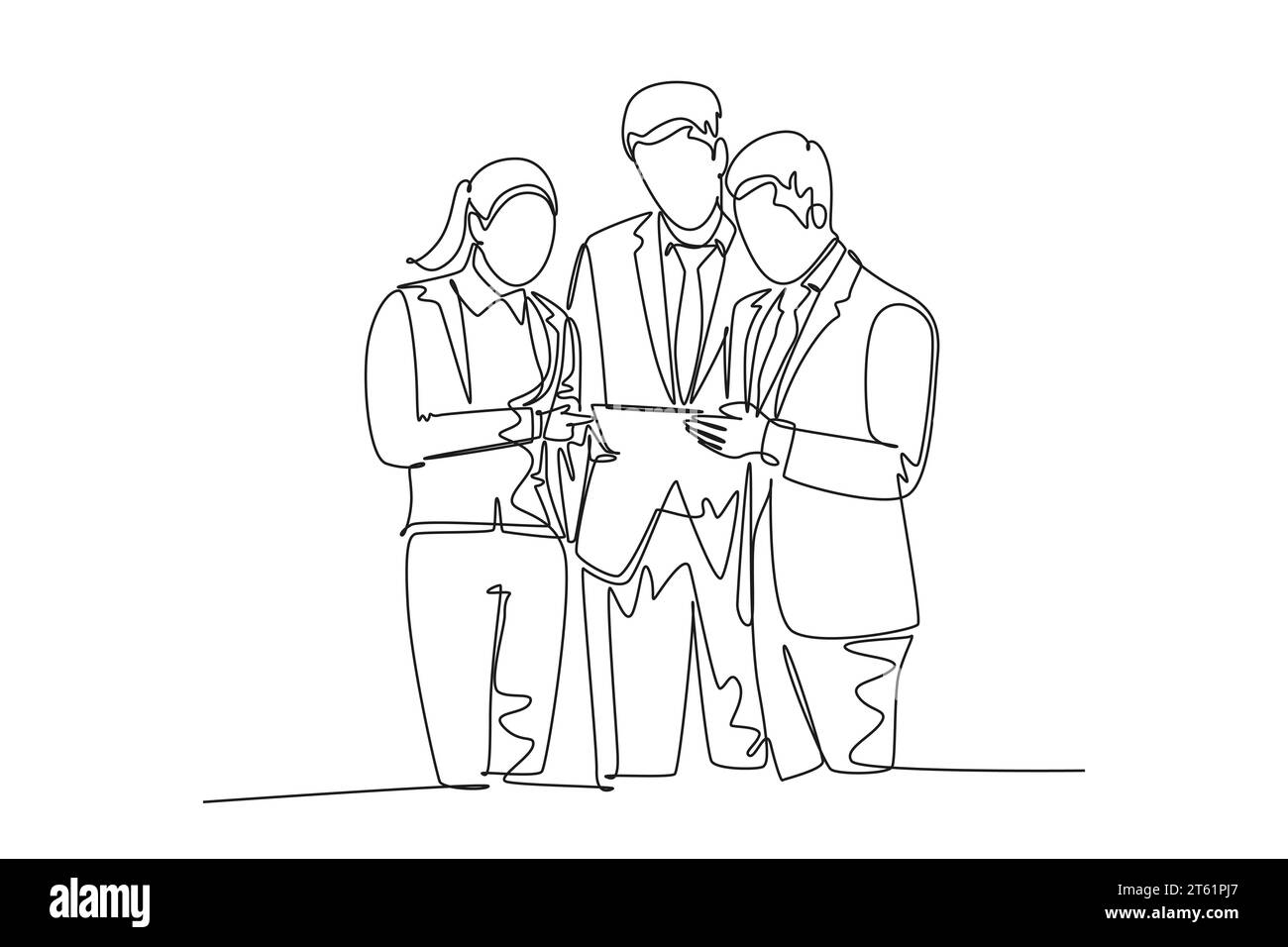 Continuous one line drawing of young happy male and female workers ...