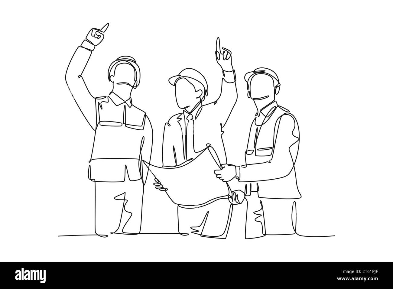 Continuous one line drawing young architect holding blueprint and ...