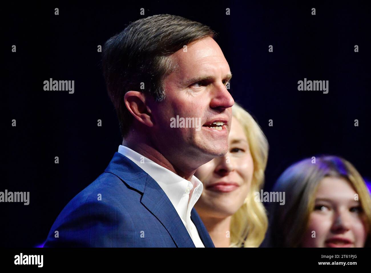 Kentucky Gov. Andy Beshear speaks during an election night rally after he was elected to a ...