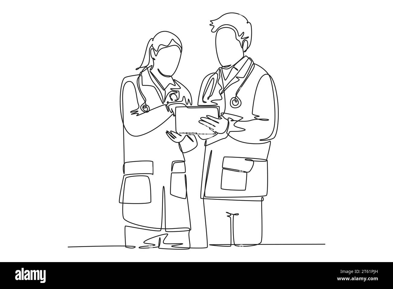 Continuous one line drawing young smart male and female doctor ...