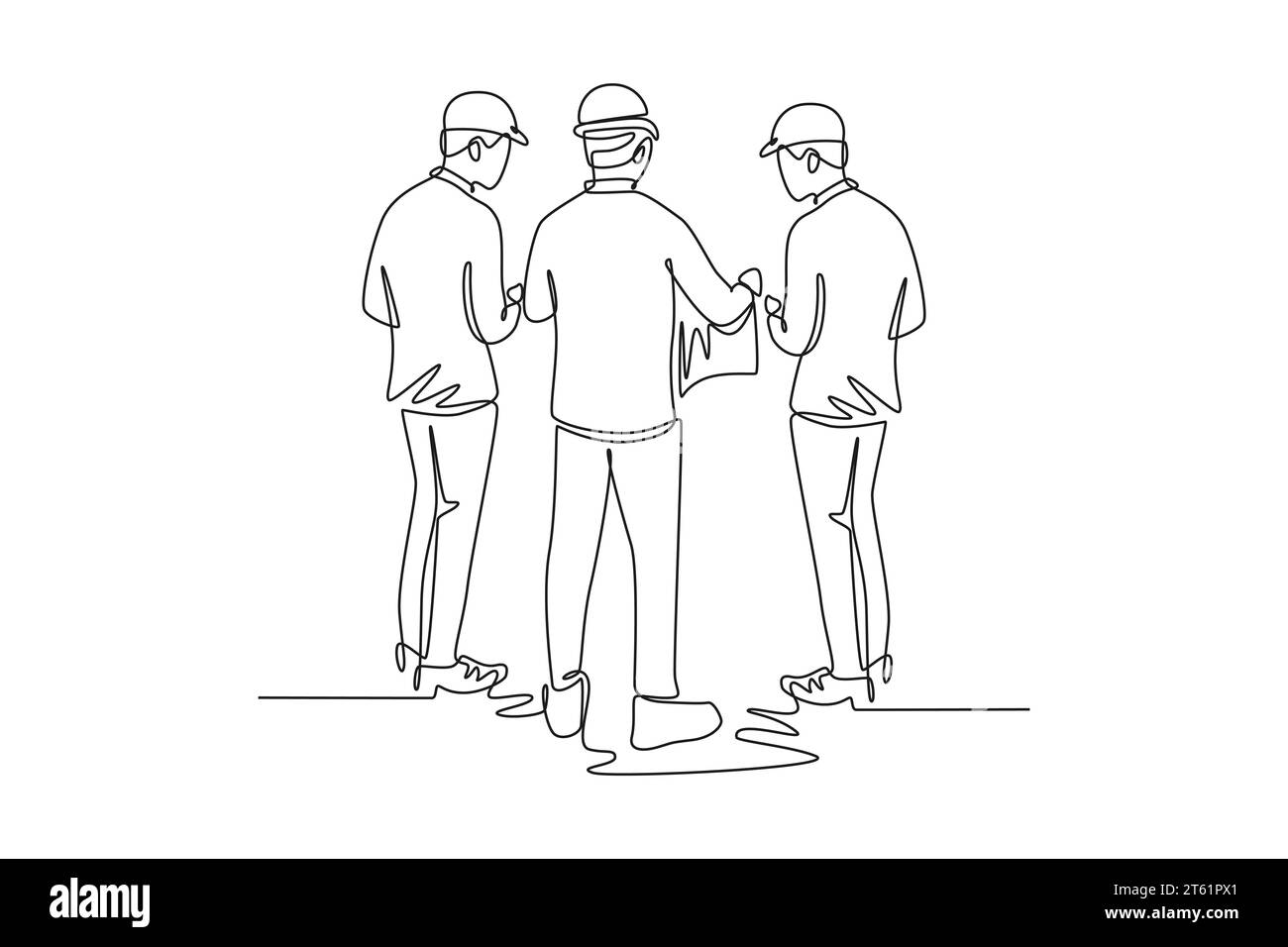 Single continuous line drawing back view young architect and foreman ...