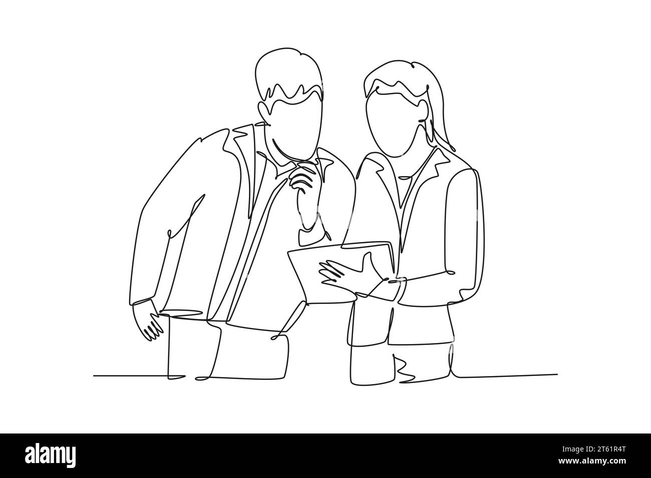 Single continuous line drawing young happy male and female marketing ...