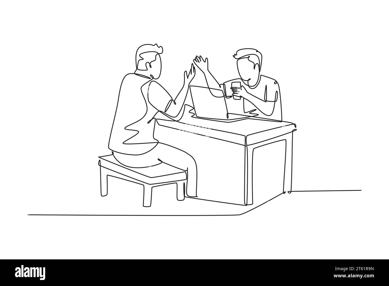 Single continuous line drawing young happy manager drink a cup of ...