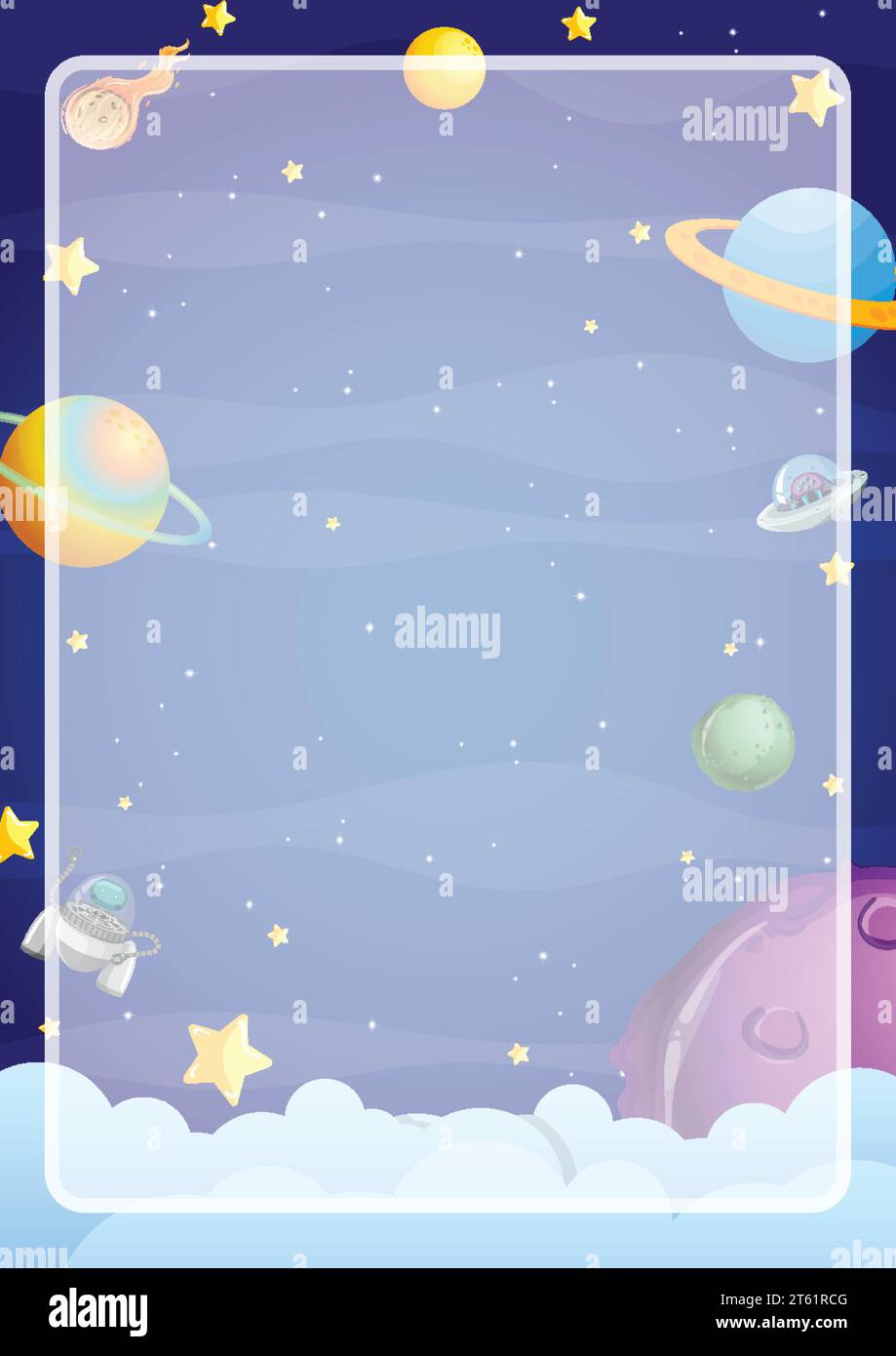 A vibrant vector cartoon illustration of outer space with multiple ...