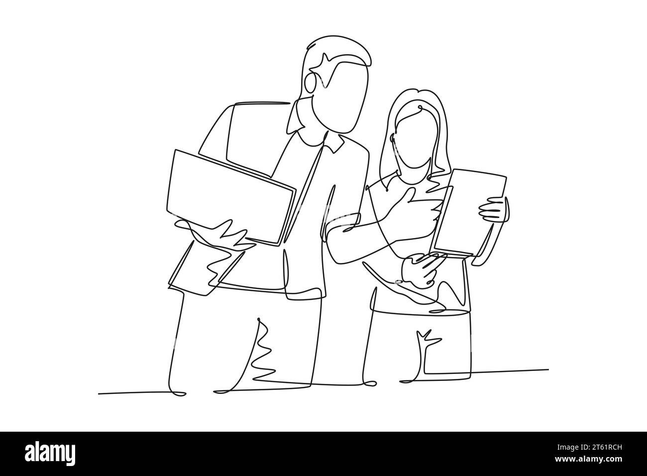 Single One Line Drawing Two Young Male And Female Workers Watching Stock Movements On Laptop 